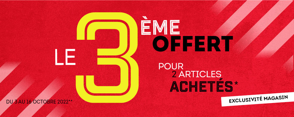 Pour 2 articles achetés, le 3ème est offert